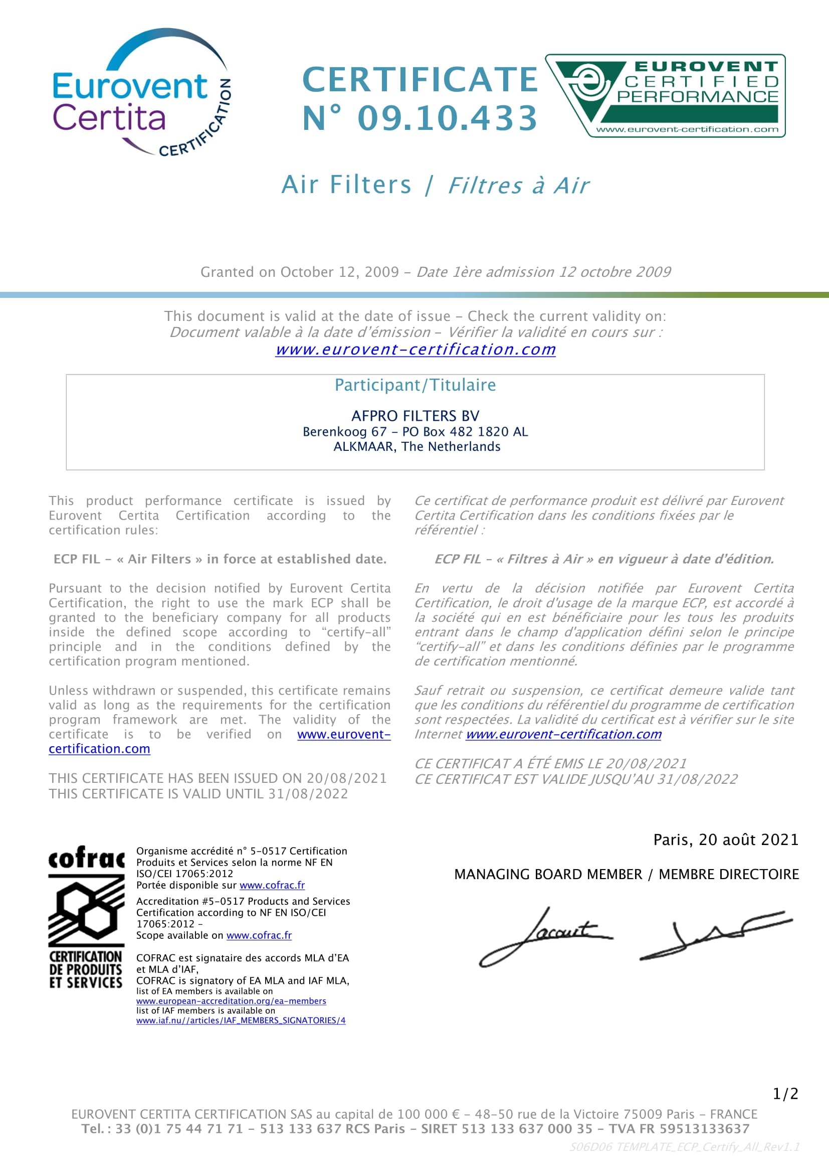 Certyfikat Eurovent - AFPRO